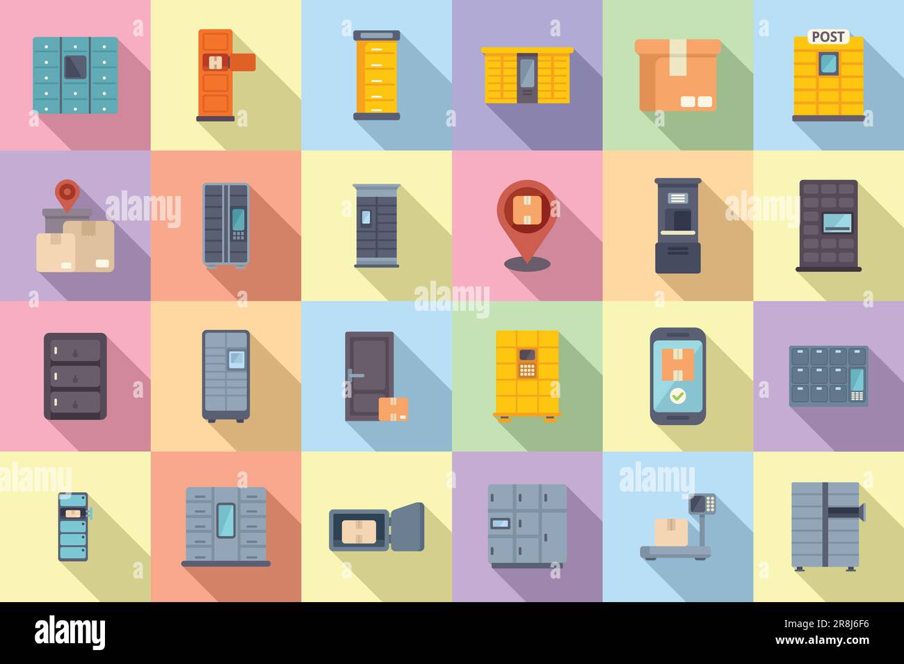 Self-service parcel delivery icons set flat vector. Locker automat ...