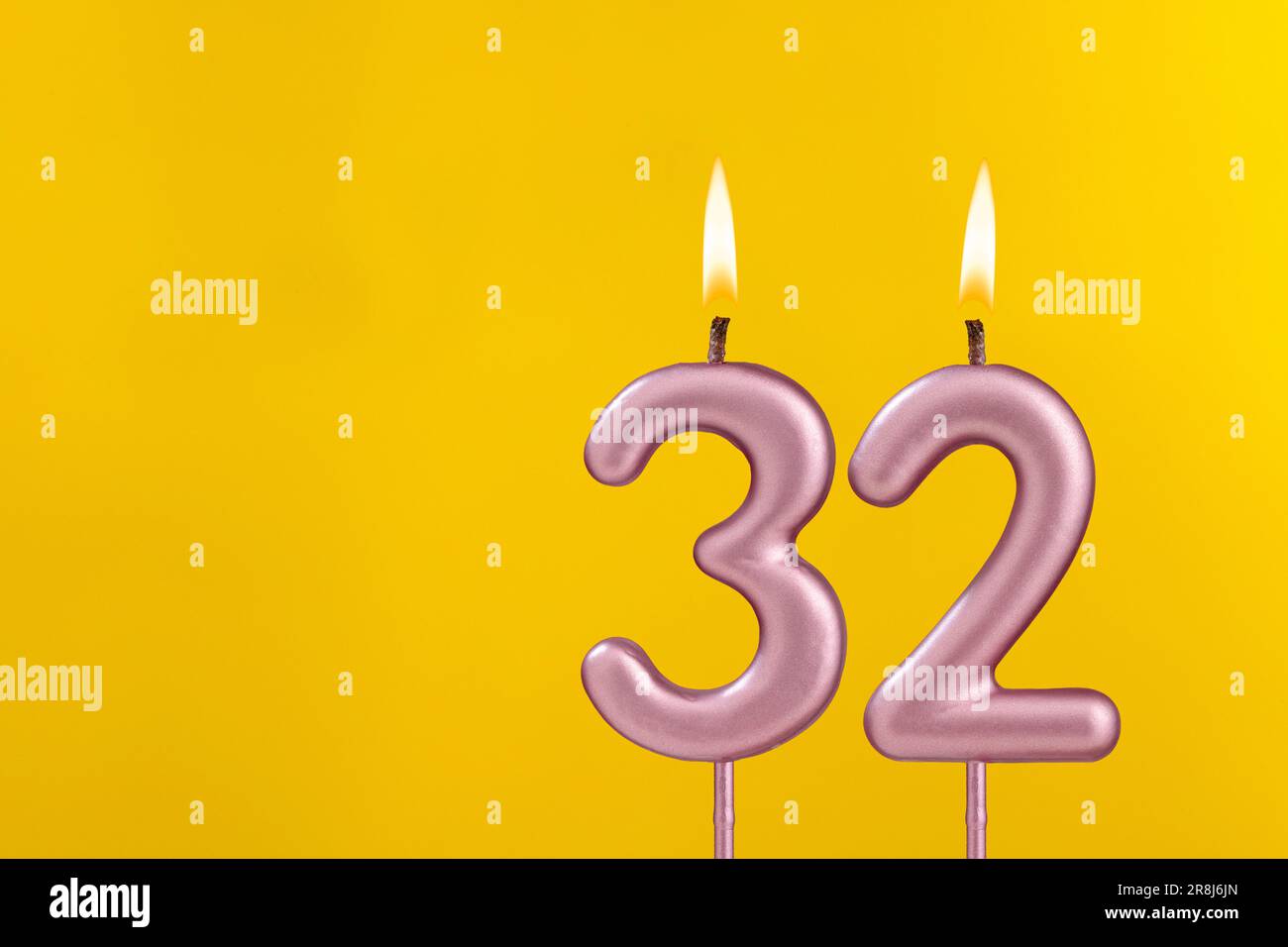 Candle 32 with flame - Birthday card on yellow luxury background Stock ...