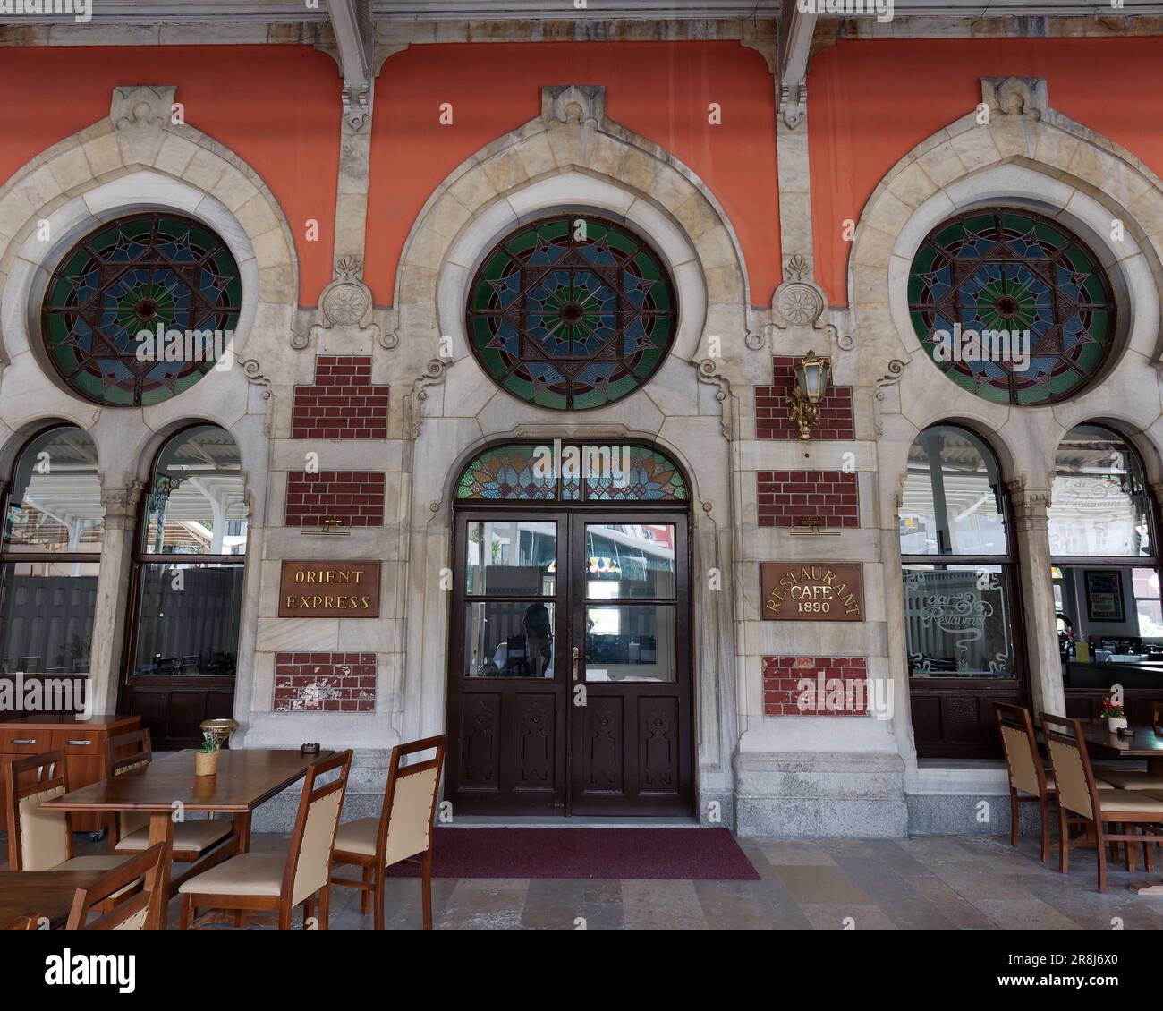 Elegant restaurant exterior and entrance at Sirkeci Train Station with ...