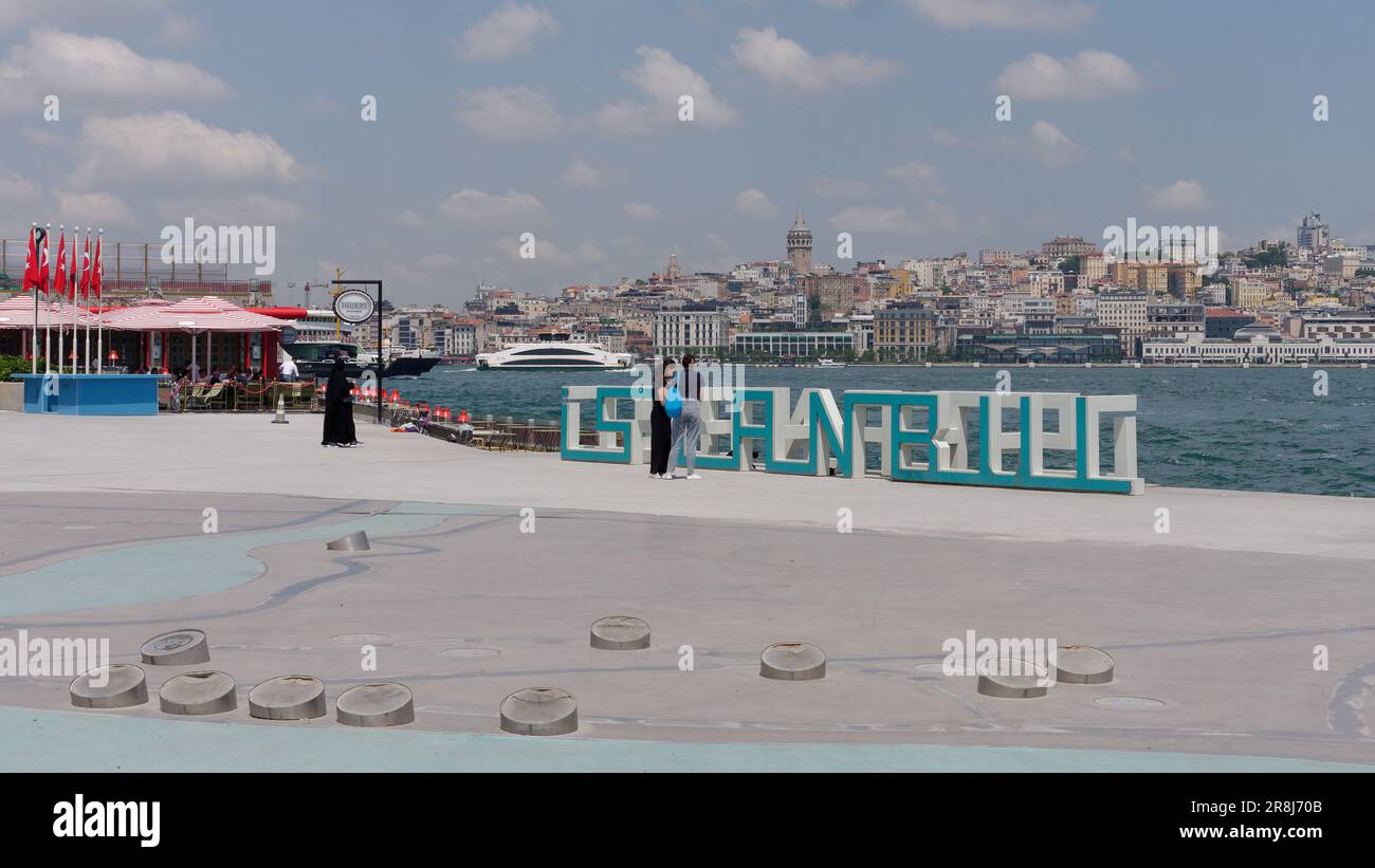 Istanbul sign by the Golden Horn and Bosphorus junction with Galata ...
