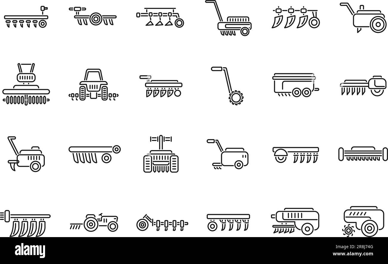 Cultivator machine icons set outline vector. Agriculture engine. Farm ...