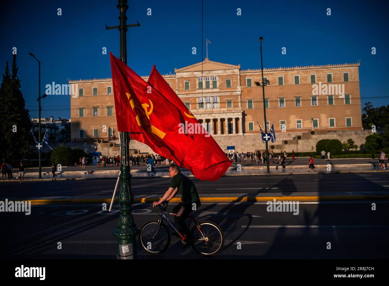 Athen, Greece. 21st June, 2023. Flags of the Communist Party of Greece ...