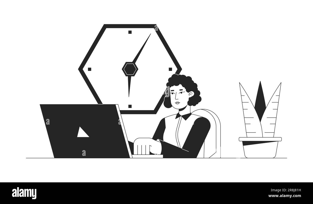 Office woman working on laptop bw concept vector spot illustration ...