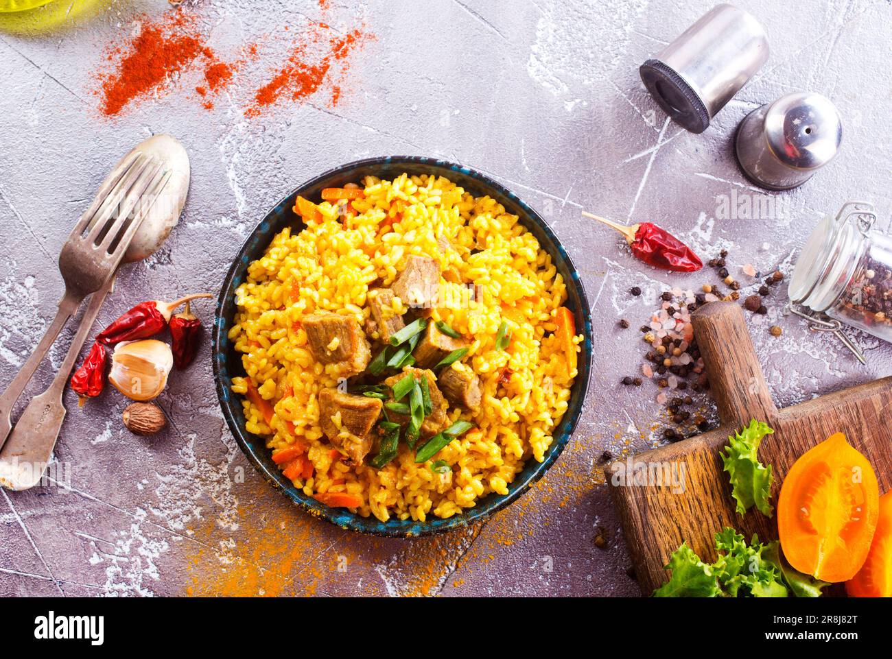 National Uzbek pilaf with meat,. background image Stock Photo - Alamy