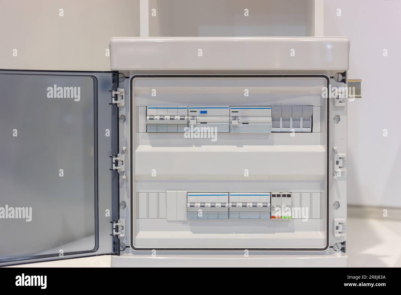 Electrical panel - white open voltage switchboard. Mid shot Stock Photo ...