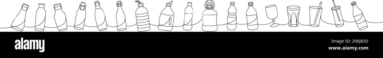 Bottles one line continuous drawing. Empty glass and plastic bottles ...