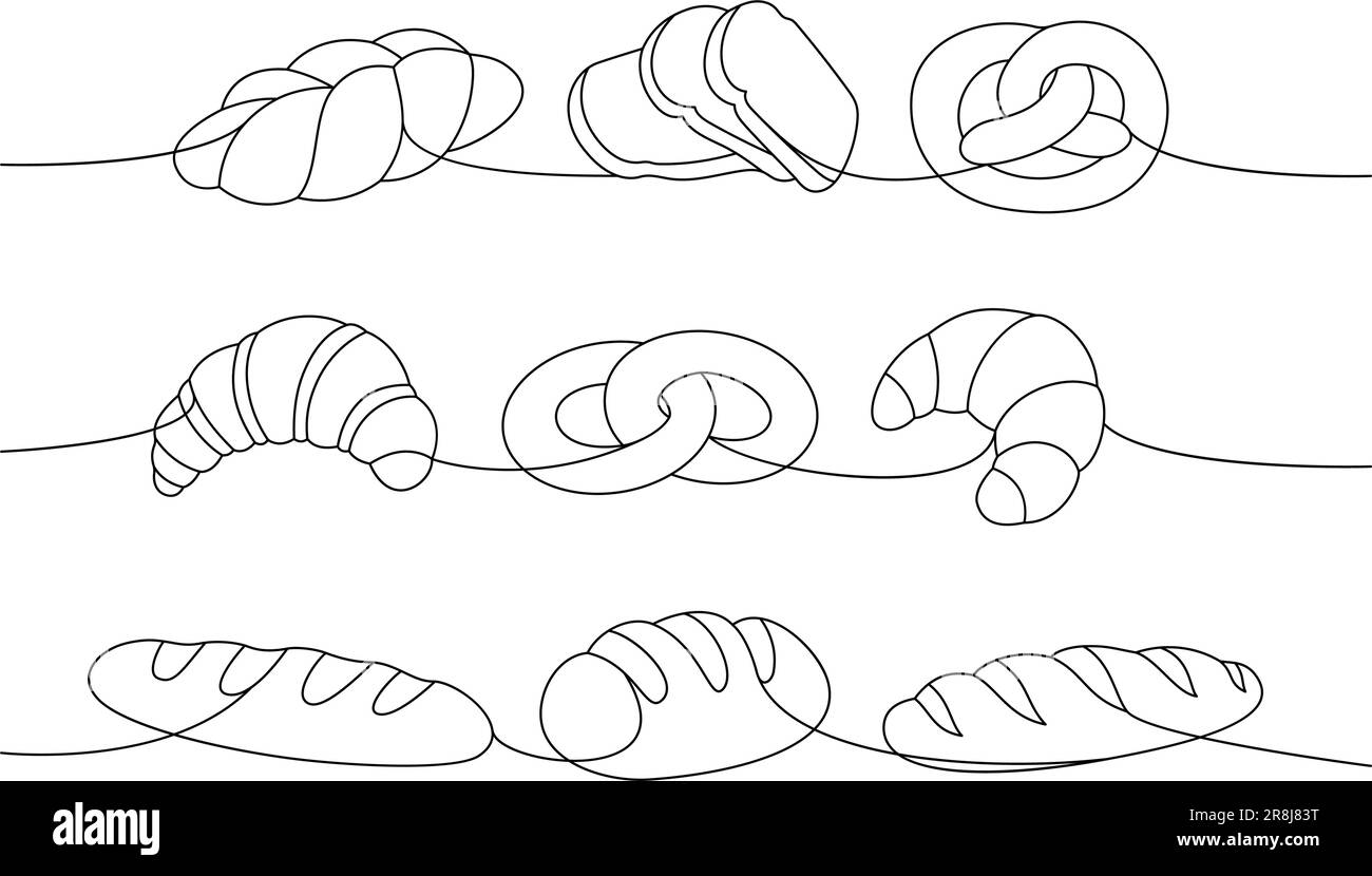 Set of fresh breads one line continuous drawing. Whole grain bread, pretzel, croissant, bagel ...