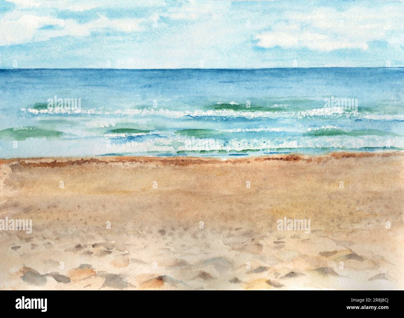 Hand drawn watercolor illustration of sea landscape and sand beach ...