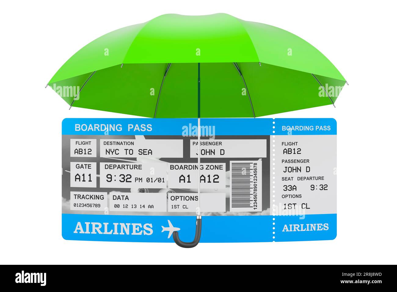 Boarding pass ticket under umbrella, 3D rendering isolated on white ...