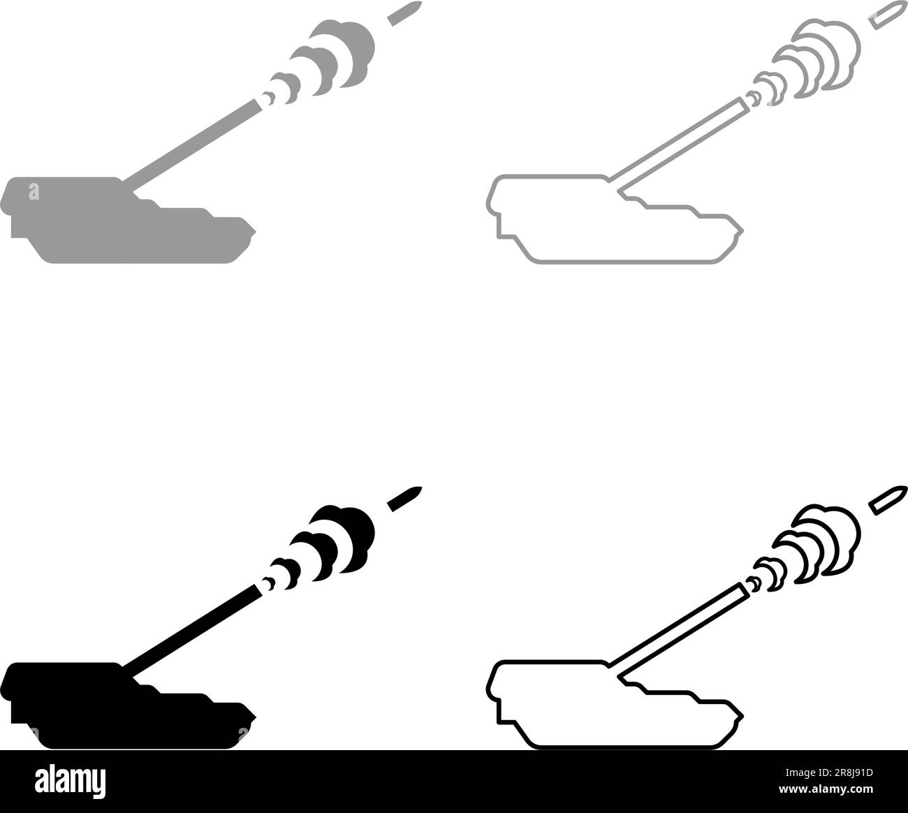 Self-propelled howitzer artillery system archer shoots projectile shell set icon grey black ...