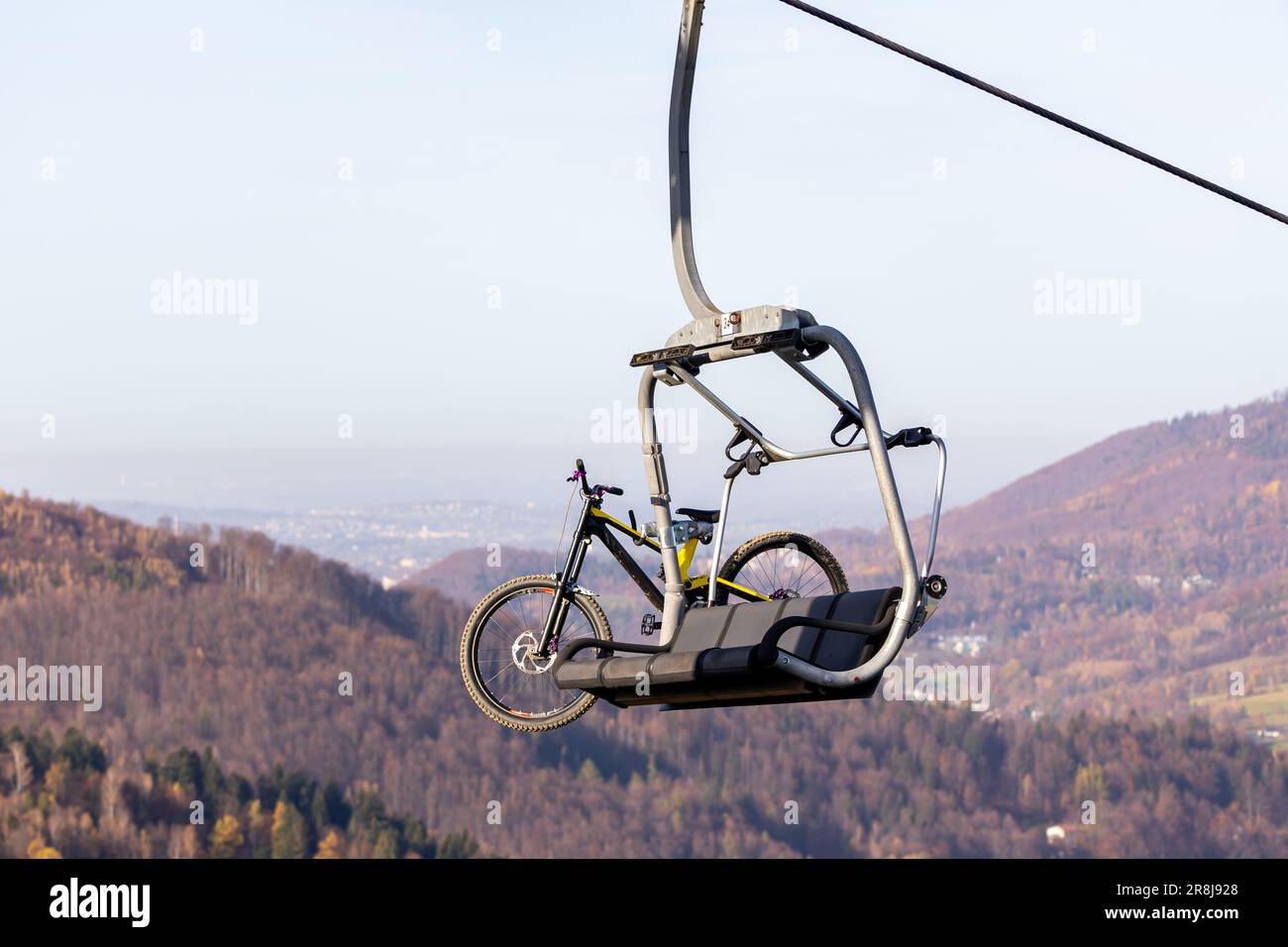Downhill bicycle on a chairlift. Transportation of downhill bikes to ...