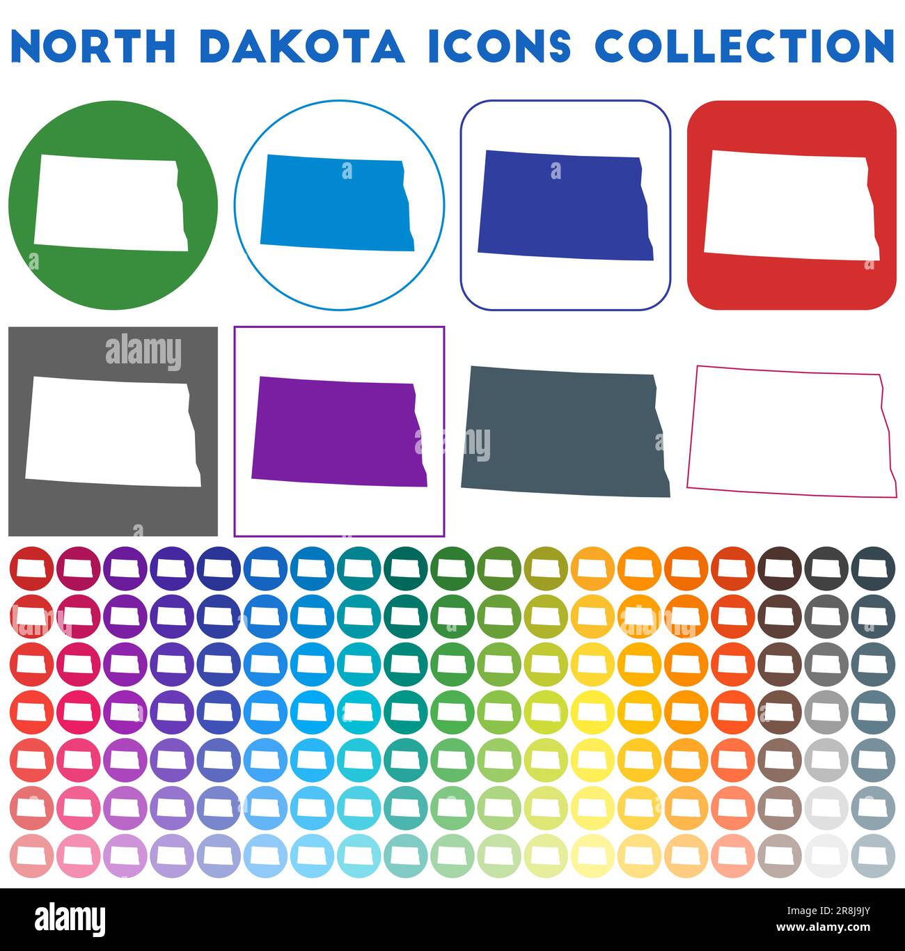 North Dakota icons collection. Bright colourful trendy map icons ...
