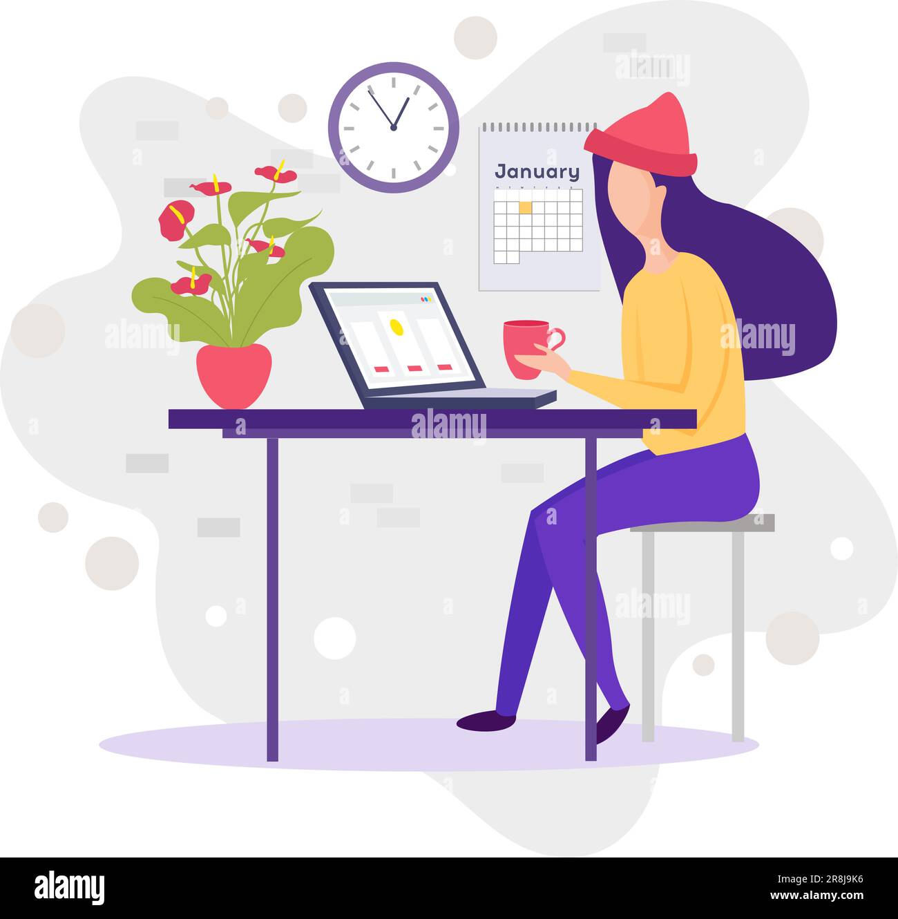 Millennials at work. Young female character eating an asian take away ...