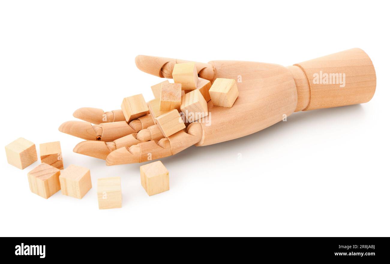 Wooden hand with cubes isolated on white background Stock Photo - Alamy