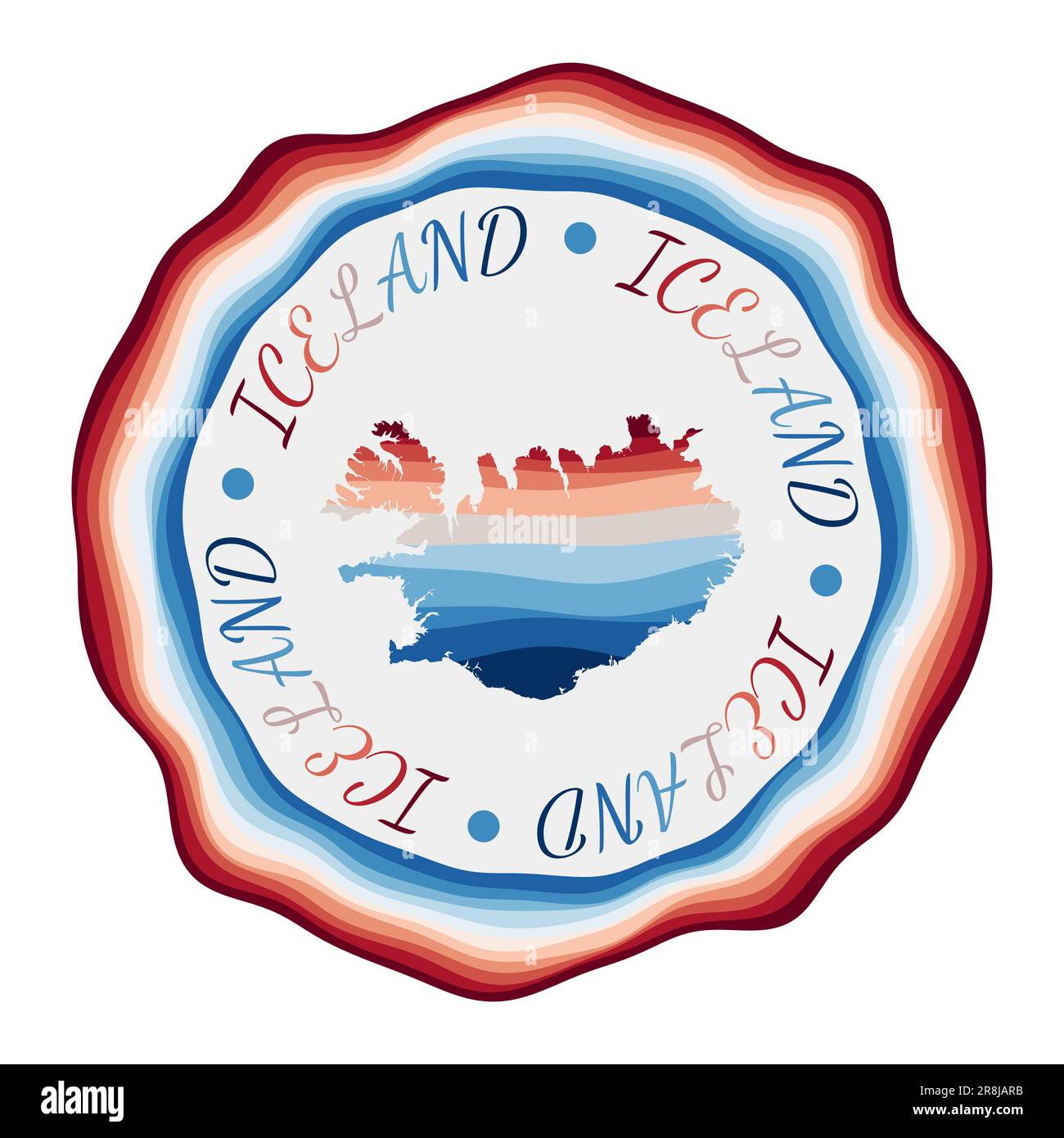 Iceland badge. Map of the country with beautiful geometric waves and vibrant red and blue frame ...
