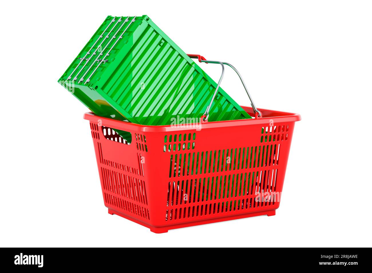 Cargo container inside shopping basket, 3D rendering isolated on white ...