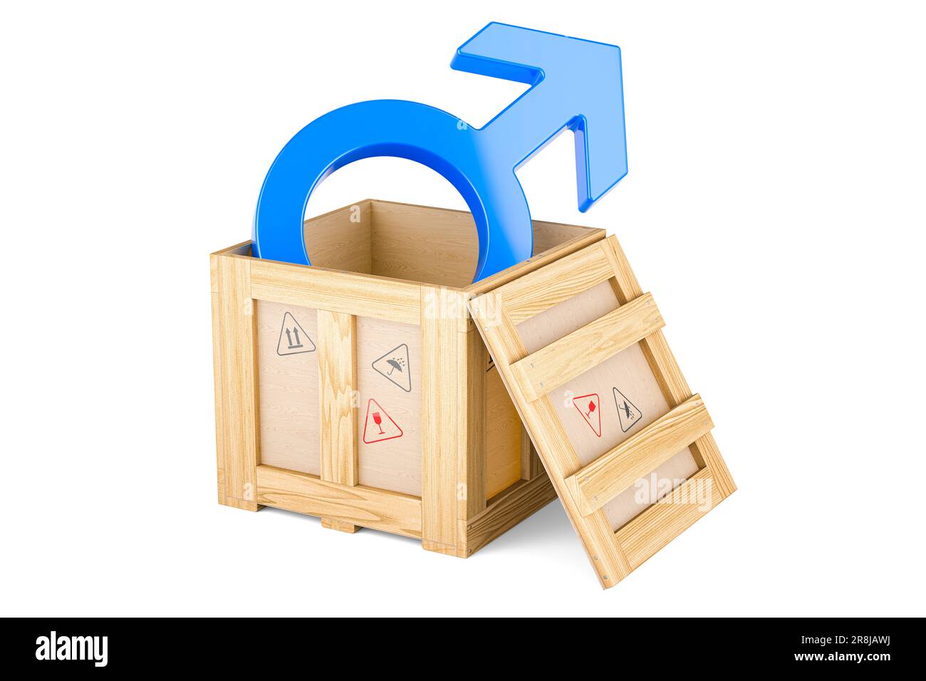 Male gender symbol inside wooden box, delivery concept. 3D rendering ...