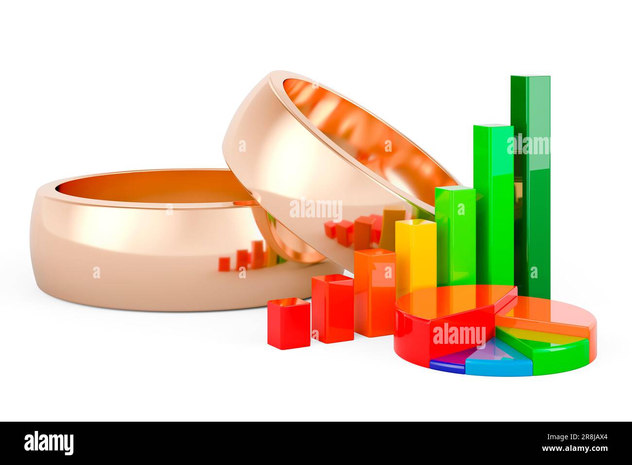 Golden wedding rings with growth bar graph and pie chart. 3D rendering ...