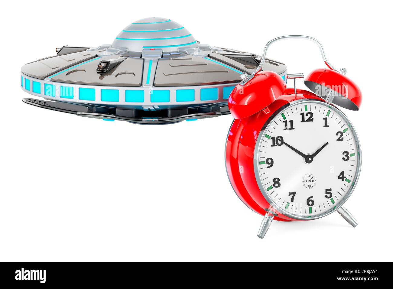 UFO with alarm clock, 3D rendering isolated on white background Stock ...