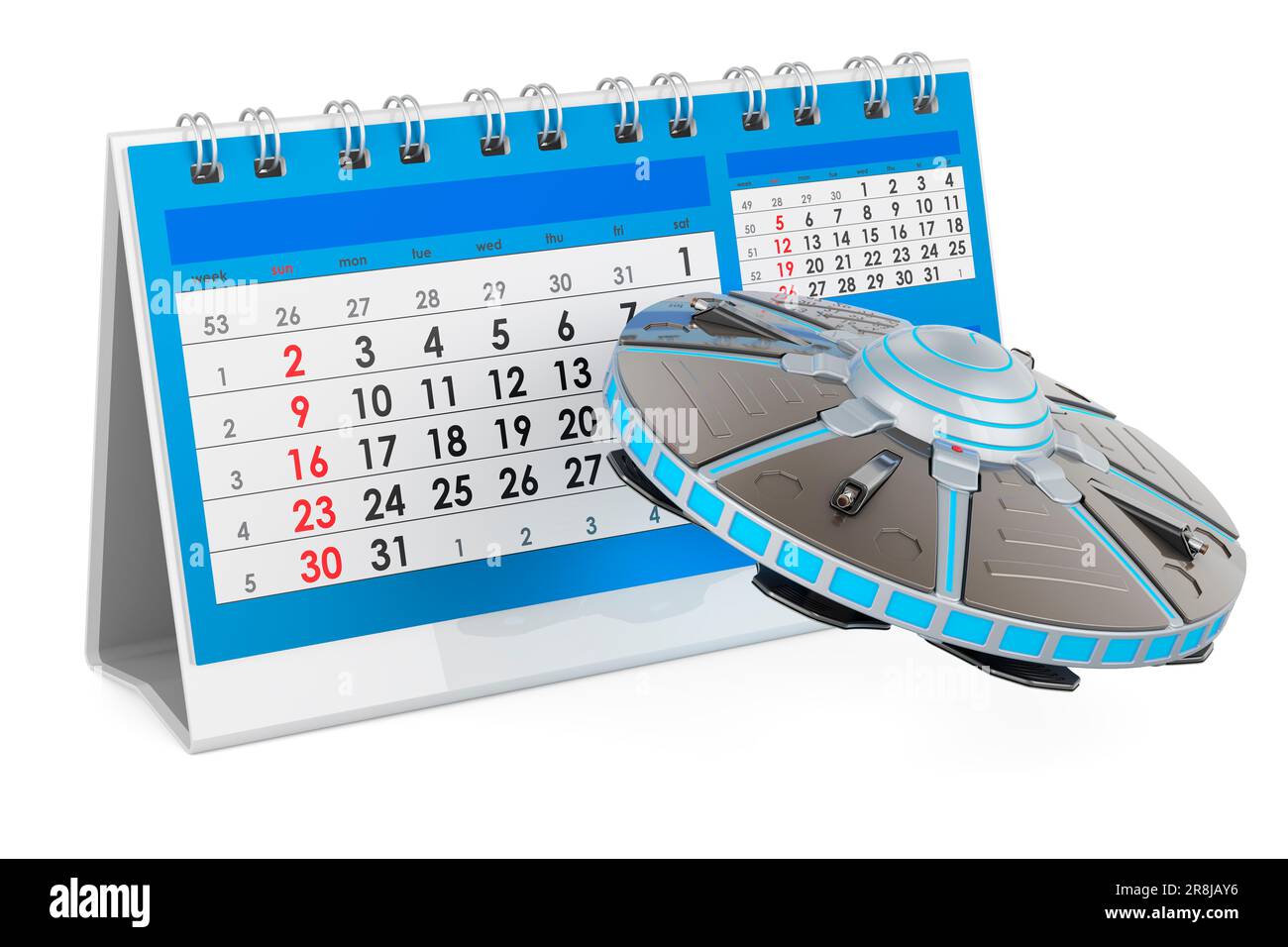 UFO with desk calendar. 3D rendering isolated on white background Stock ...