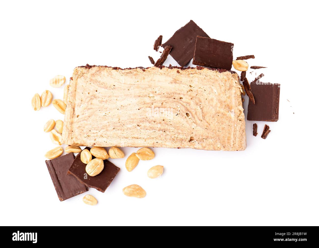 Piece of tasty marble halva with chocolate and peanuts on white ...