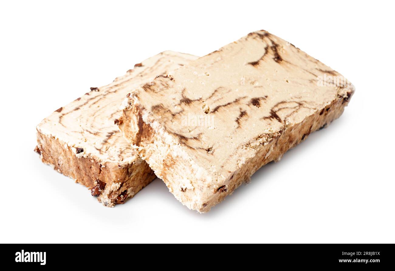 Pieces of tasty marble halva on white background Stock Photo - Alamy