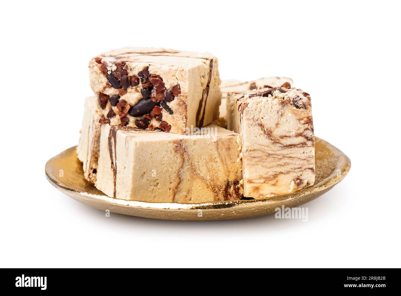 Plate with pieces of tasty marble halva on white background Stock Photo ...