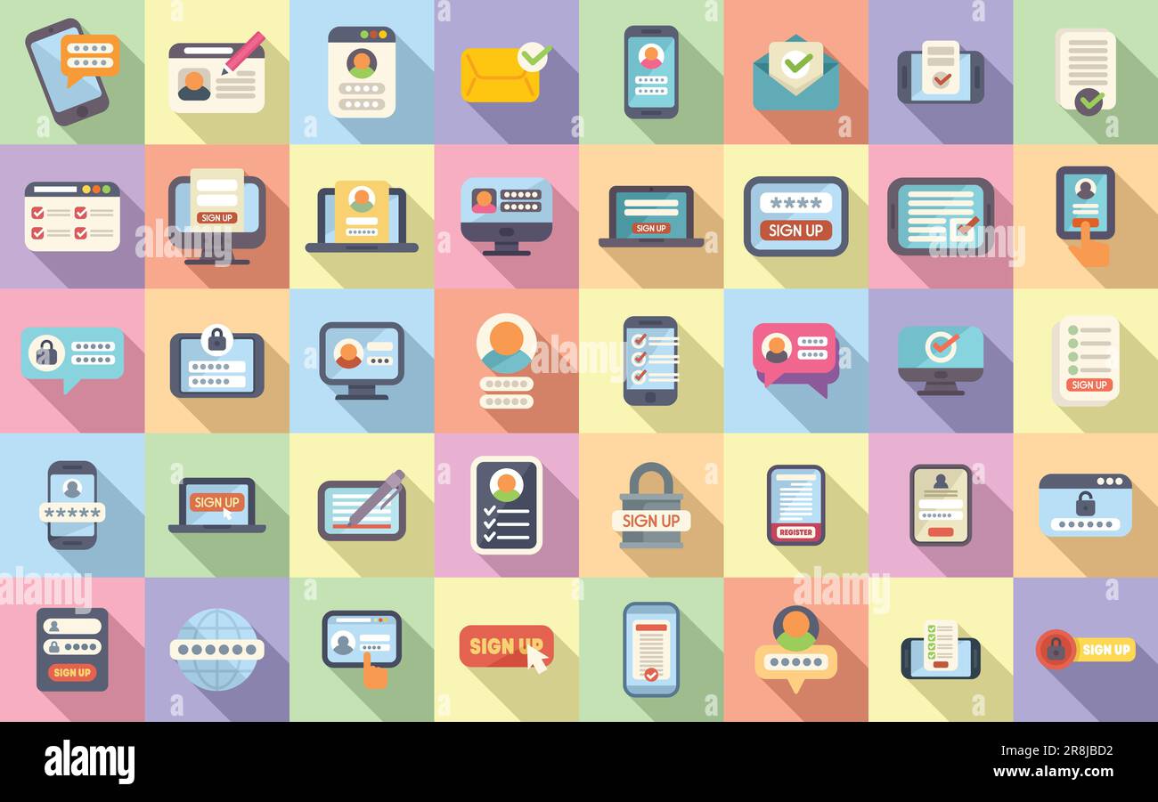 Online registration icons set flat vector. Apply device. Form register ...