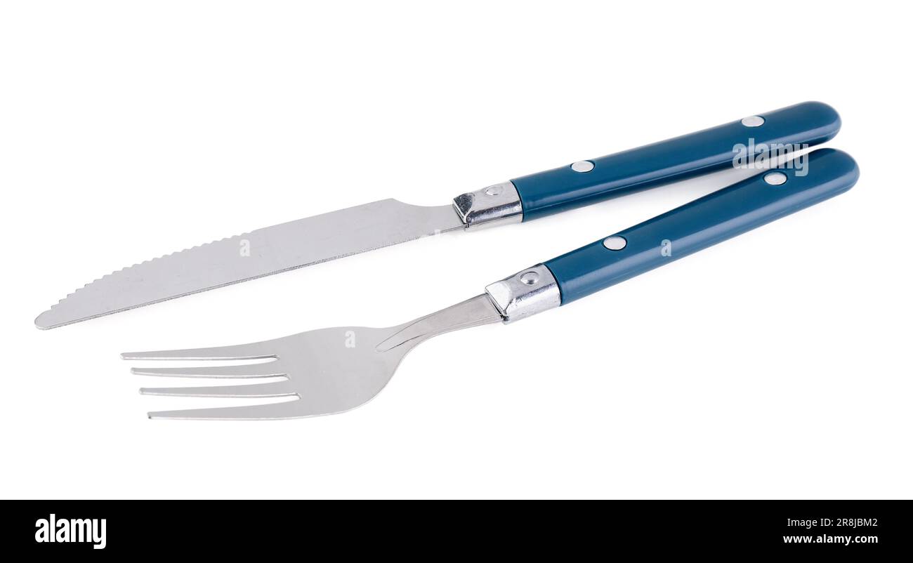 Stainless steel fork and knife with blue handles on white background ...