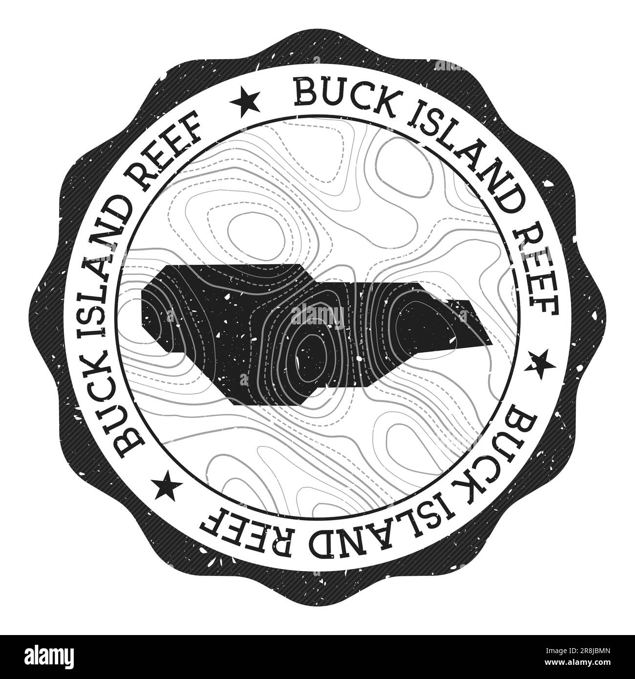 Buck Island Reef outdoor stamp. Round sticker with map with topographic ...