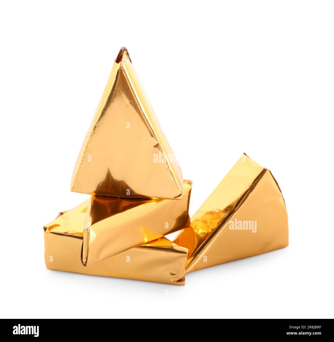 Triangles of tasty processed cheese on white background Stock Photo - Alamy