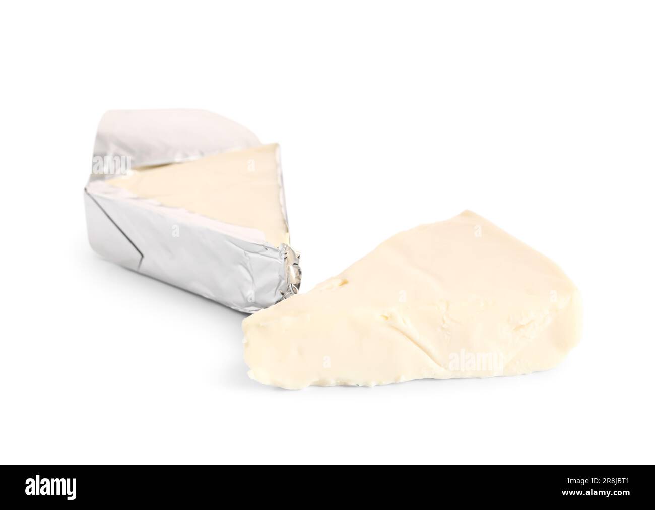 Triangles of tasty processed cheese on white background Stock Photo - Alamy