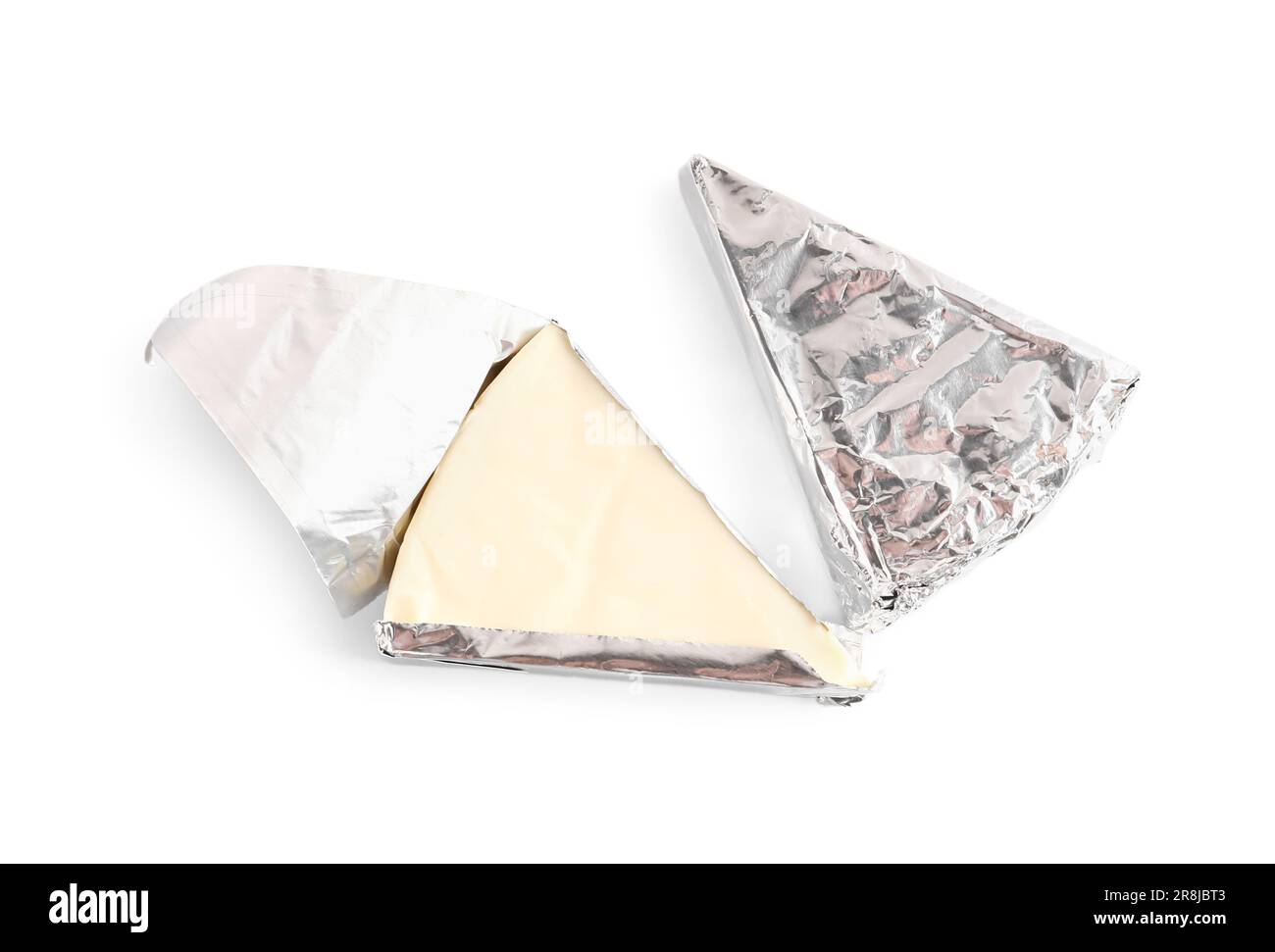 Triangles of tasty processed cheese on white background Stock Photo - Alamy