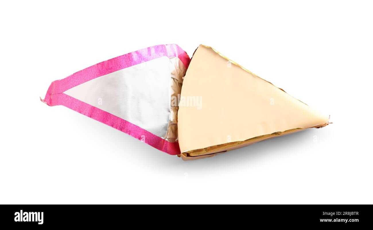 Triangle of tasty processed cheese on white background Stock Photo - Alamy