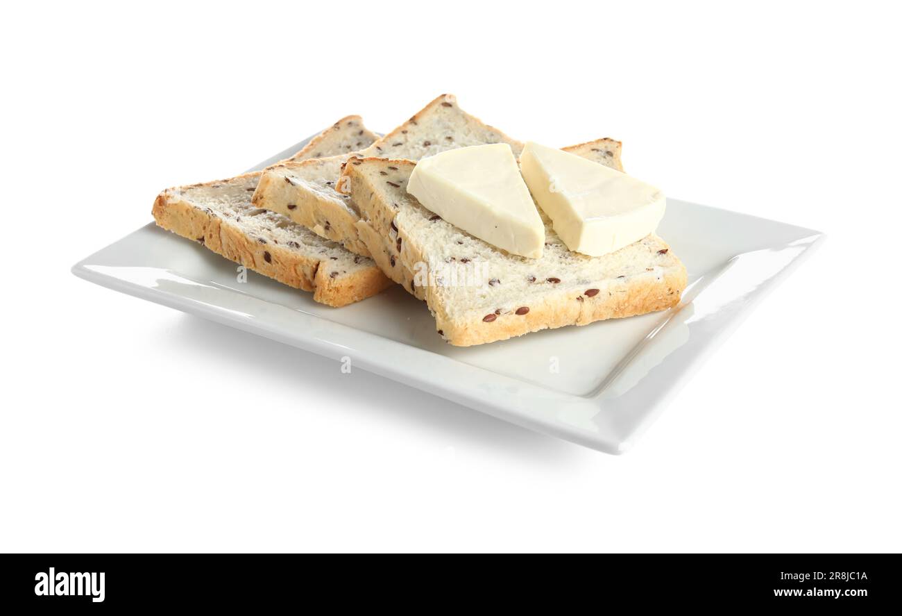 Plate of tasty toasts with triangles of processed cheese on white ...