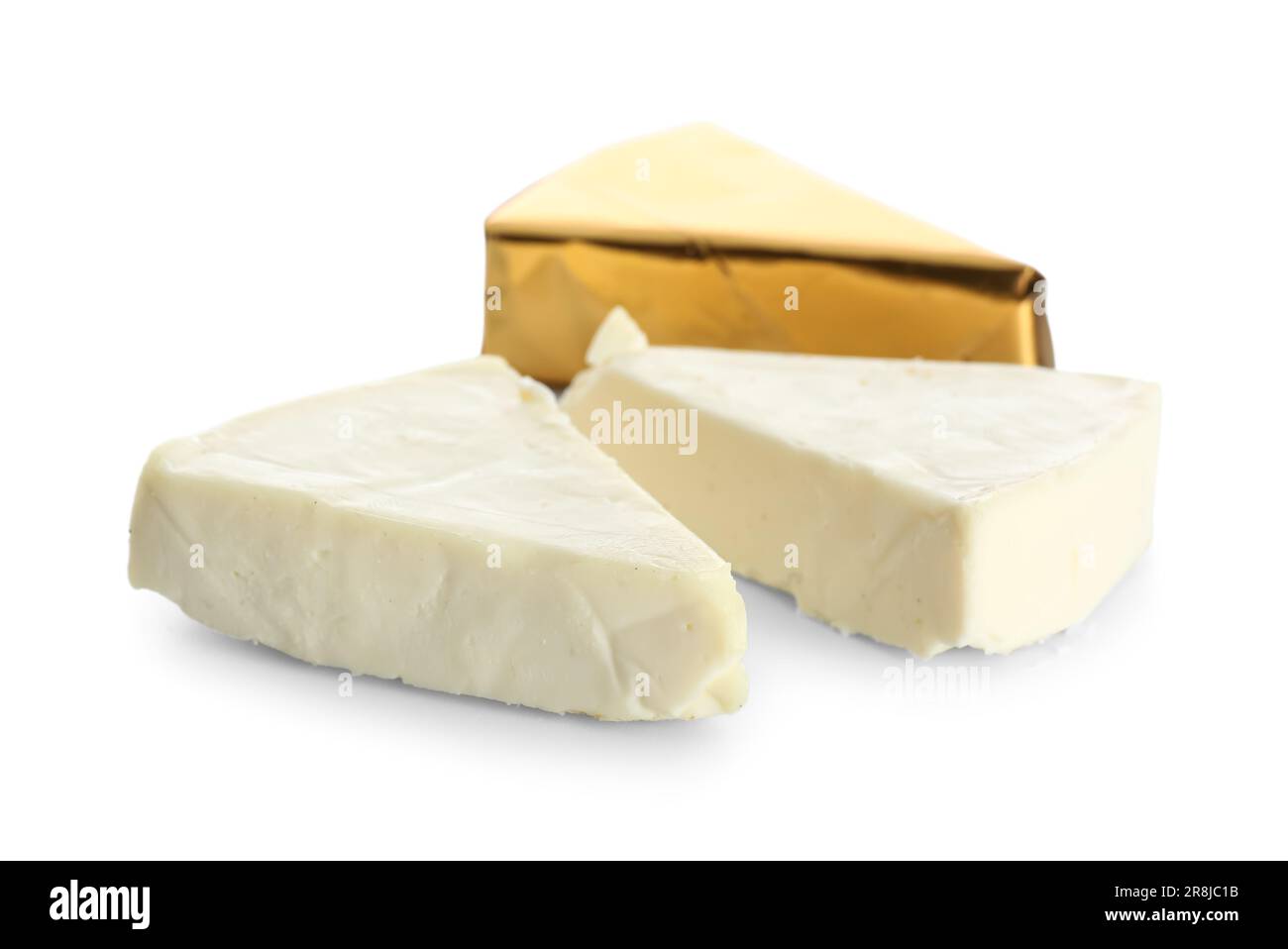 Triangles of tasty processed cheese on white background Stock Photo - Alamy