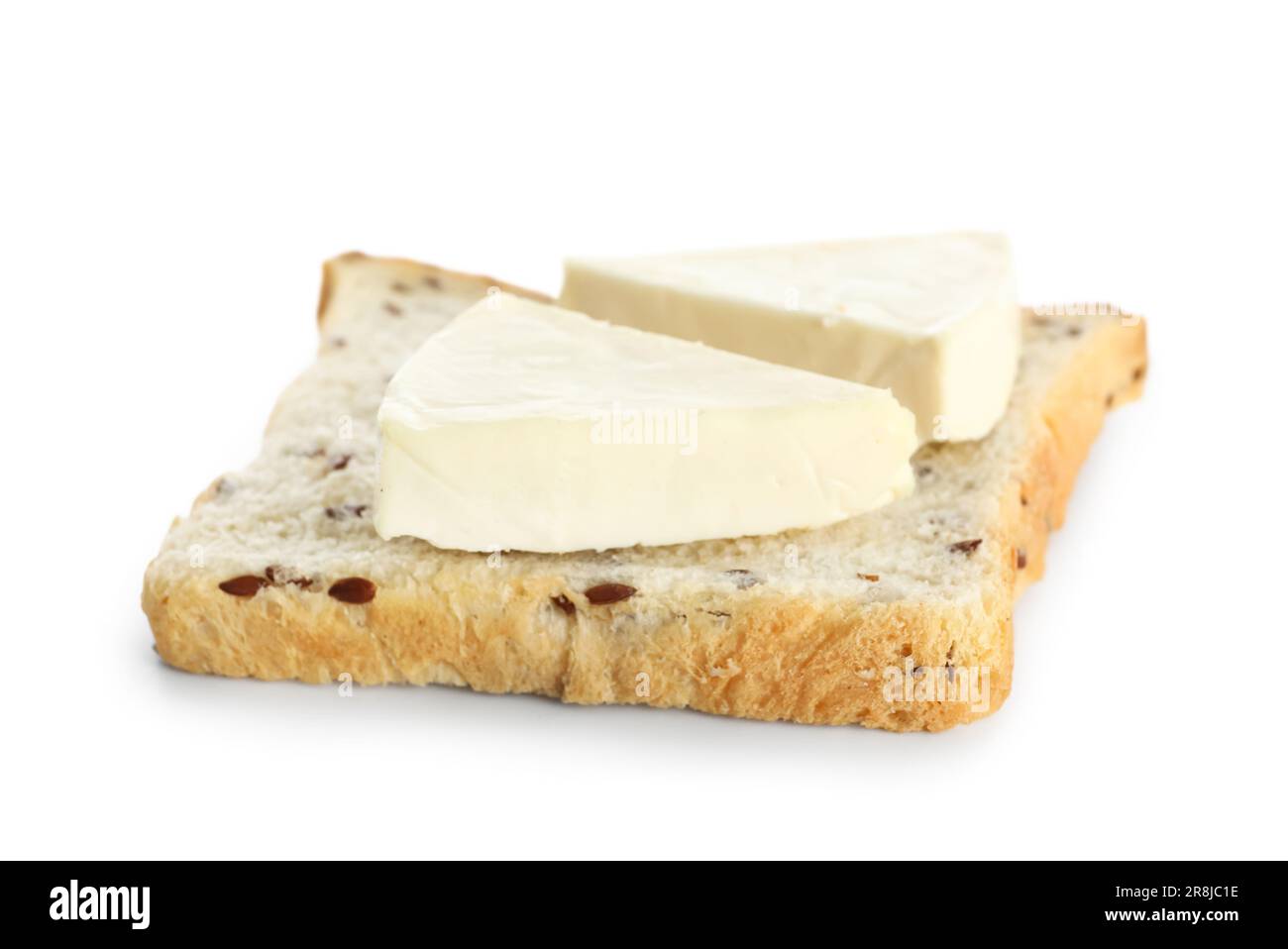 Tasty toast with triangles of processed cheese on white background ...