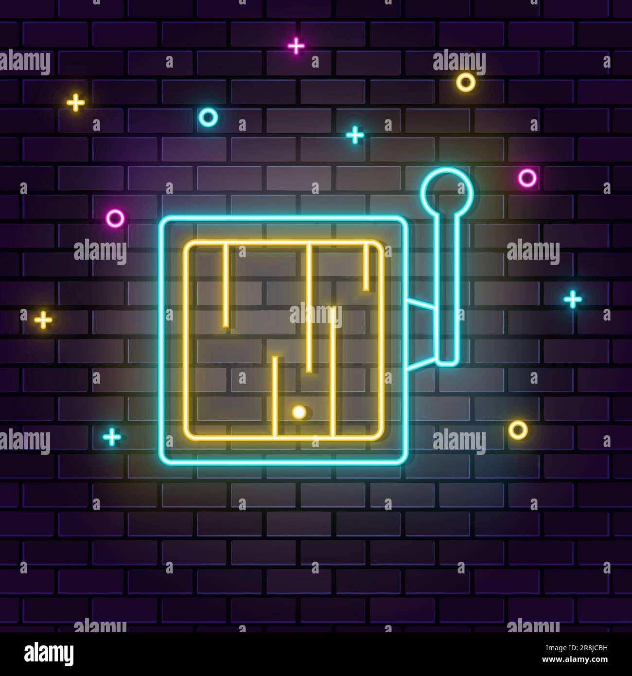 Game console retro arcade neon on wall. Dark background brick wall neon ...