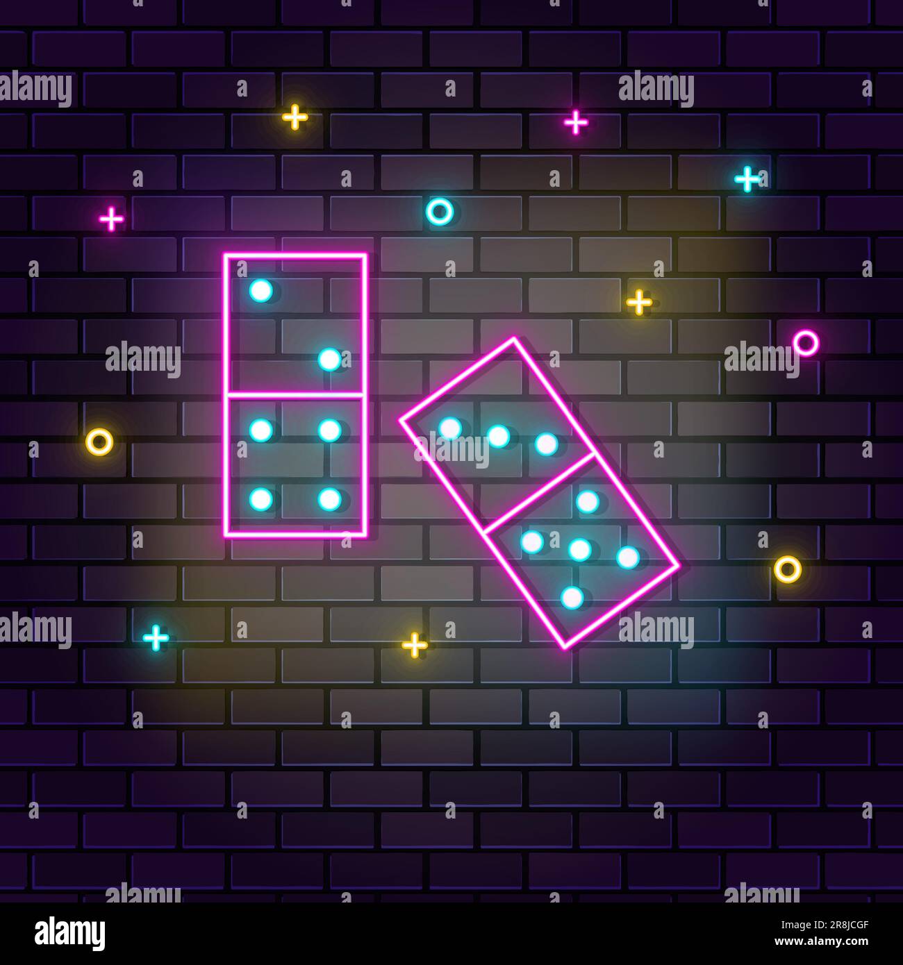 Domino retro arcade neon on wall. Dark background brick wall neon icon ...