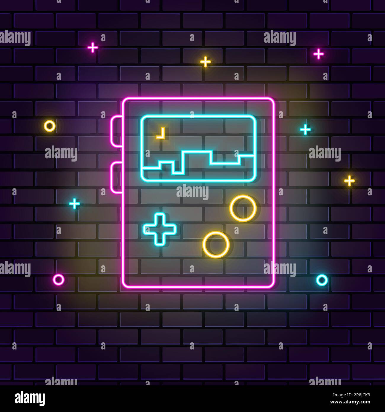 Portable console gaming retro neon on wall. Dark background brick wall ...