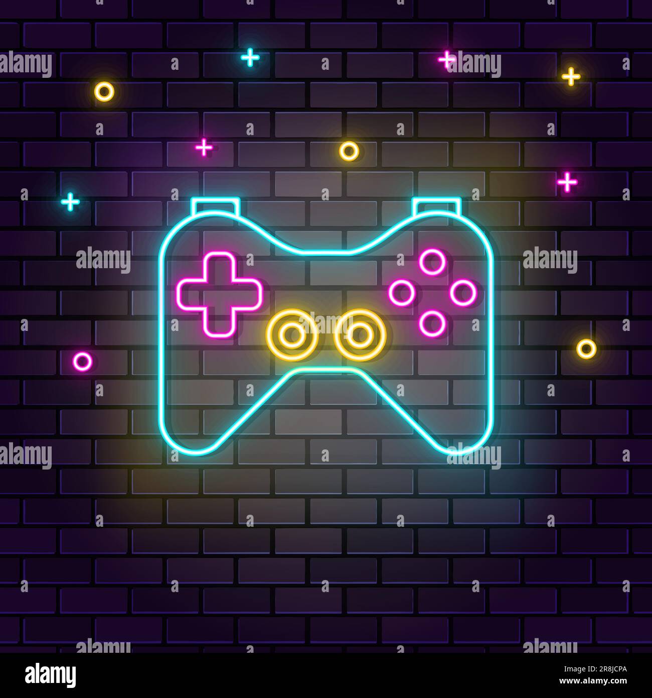 Joystick game controller gaming neon on wall. Dark background brick wall neon icon Stock Vector ...