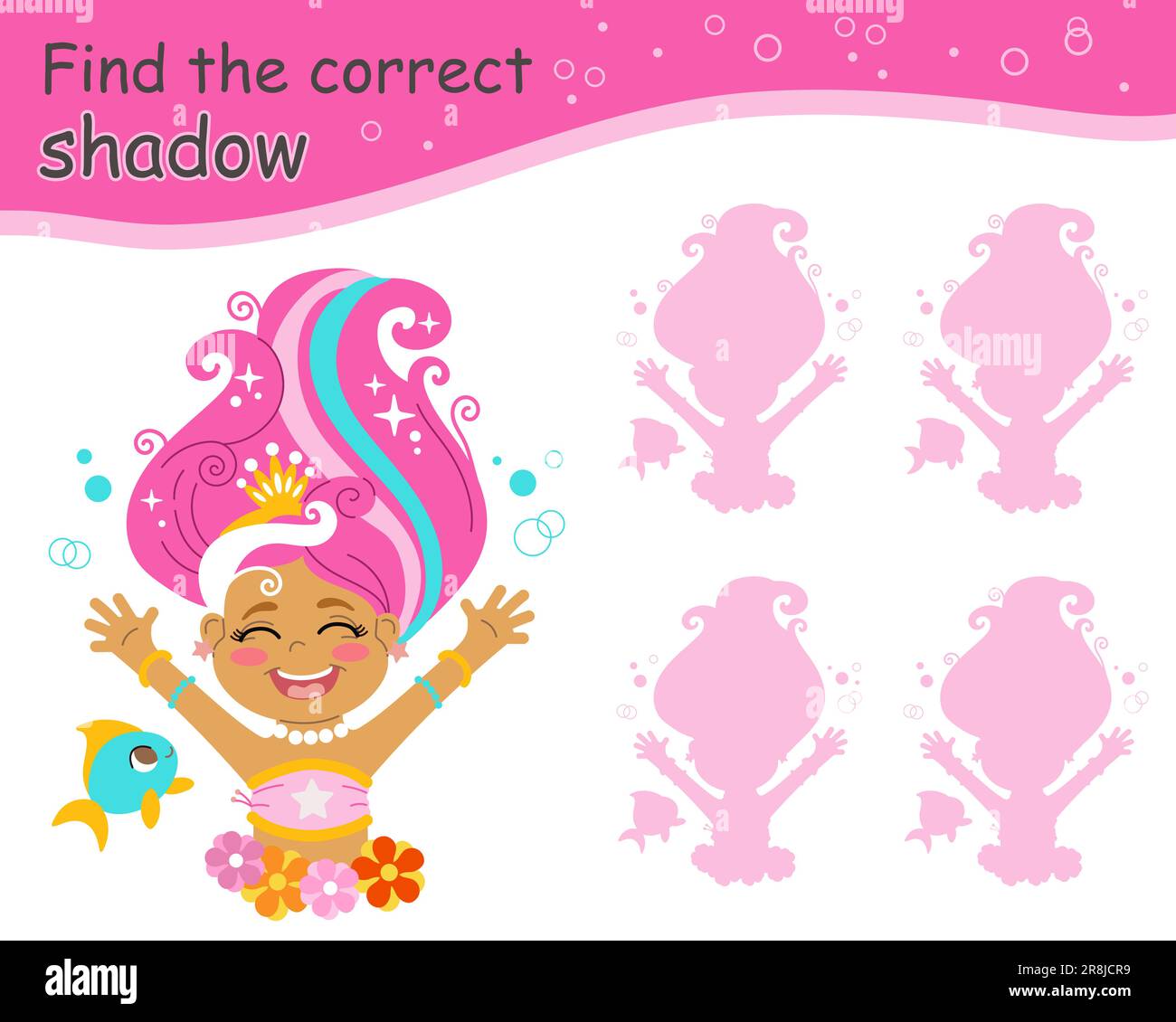 Find the correct shadow. Cute joyful mermaid and a fish. Educational ...