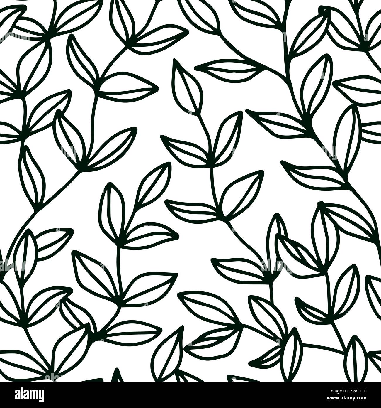 Doodle Dark Green Leaves Seamless Pattern With Cute Outline Leaves