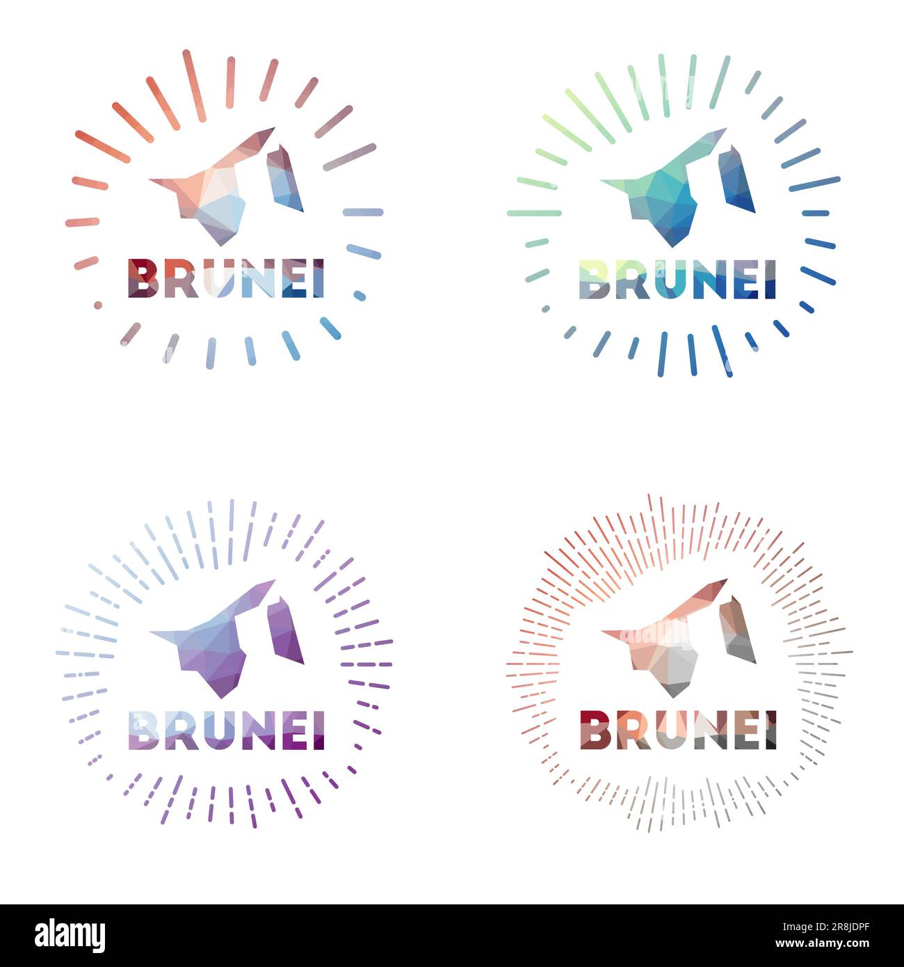 Brunei low poly sunburst set. Logo of country in geometric polygonal ...