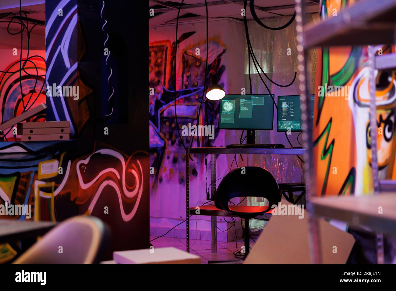 Computer screen with running code breaking into server in abandoned ...