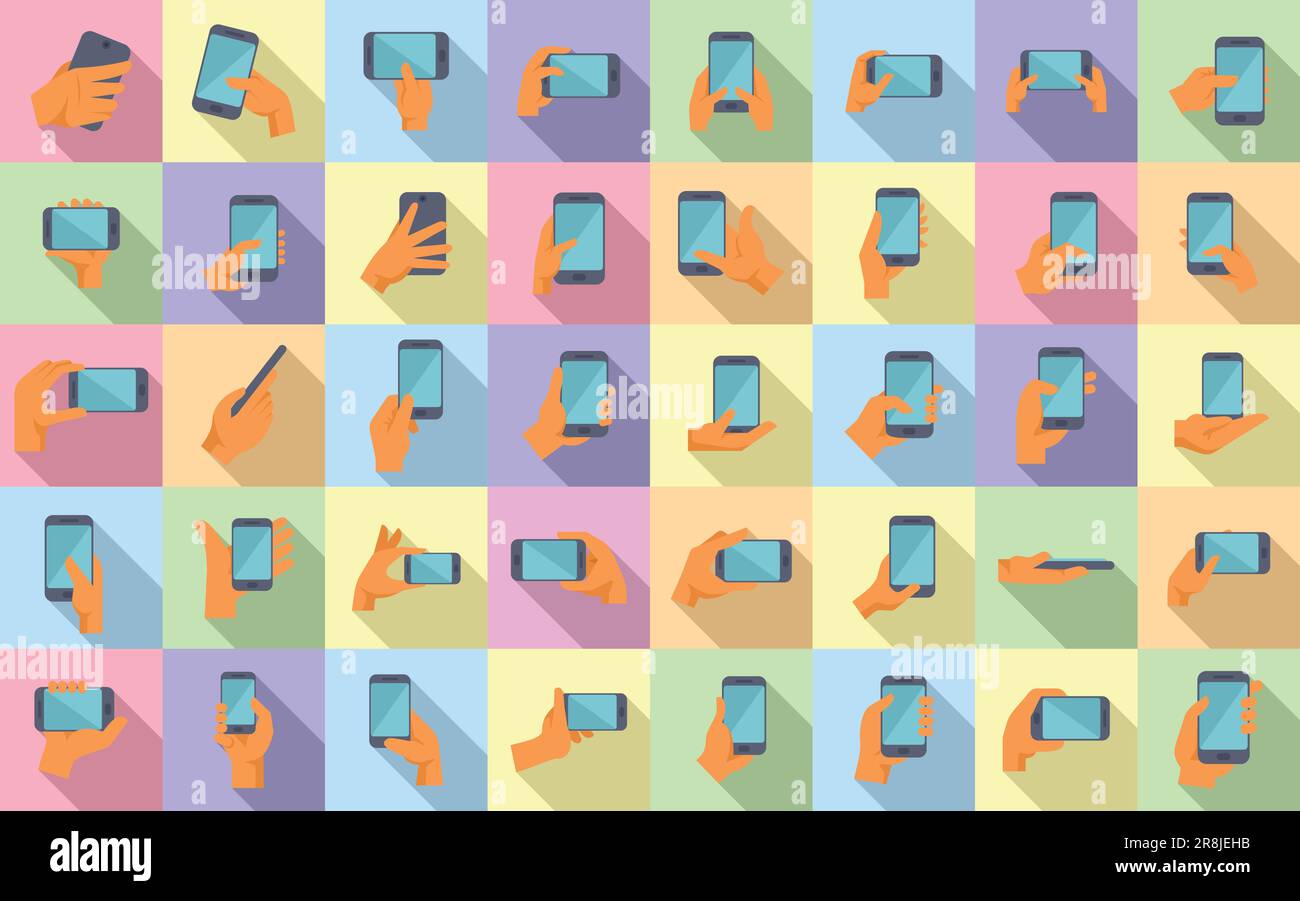 Hand holding phone icons set flat vector. Mobile chat. Hand messenger ...