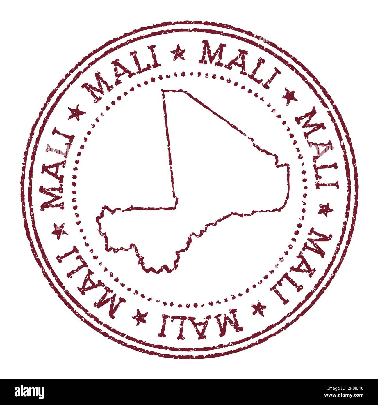 Mali round rubber stamp with country map. Vintage red passport stamp with circular text and ...