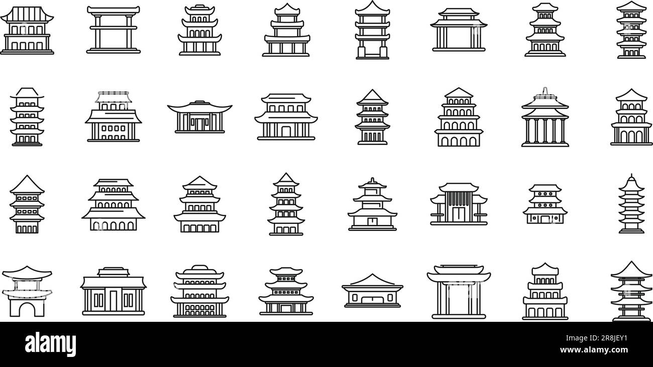 Pagoda icons set outline vector. Asian temple. Roof japanese Stock ...
