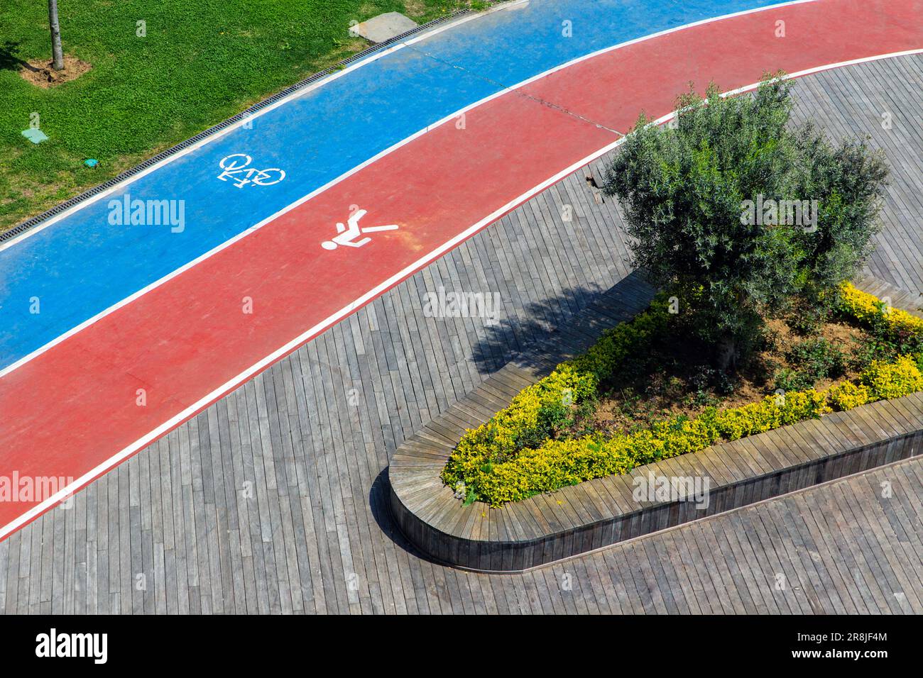 Pedestrian runway and bicycle lane side by side at a park paved with ...