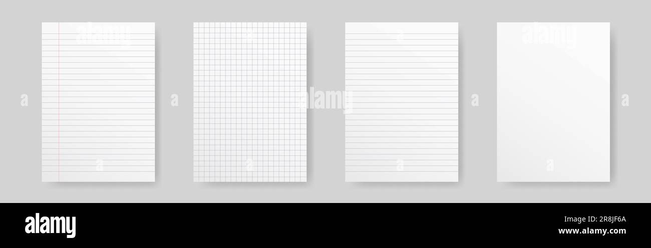 Paper lines collection. Realistic checkered sheet. White paper blank with shadow. Note book ...